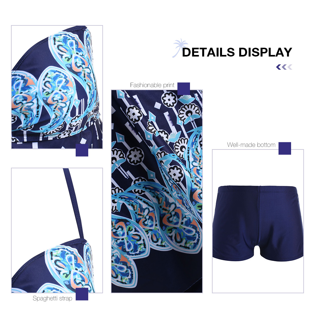 Printed Plus Size Spaghetti Strap Tankini Set Deep Blue 5z17598612
